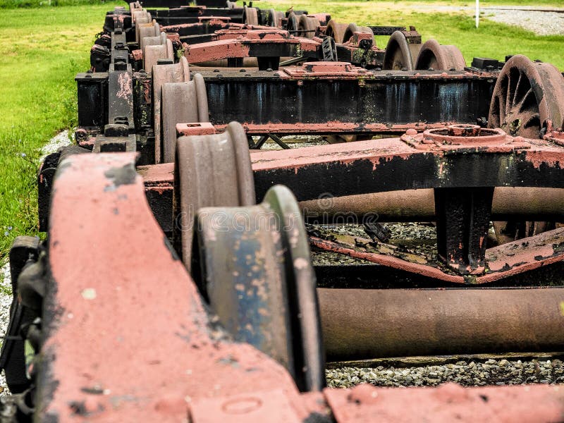 Row of Spare Train Chassis in Train Yard Stock Photo - Image of yard ...