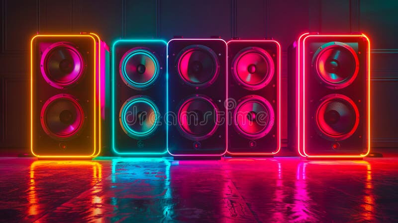 A Row of Speakers with Neon Lights Stock Photo - Image of speakers ...