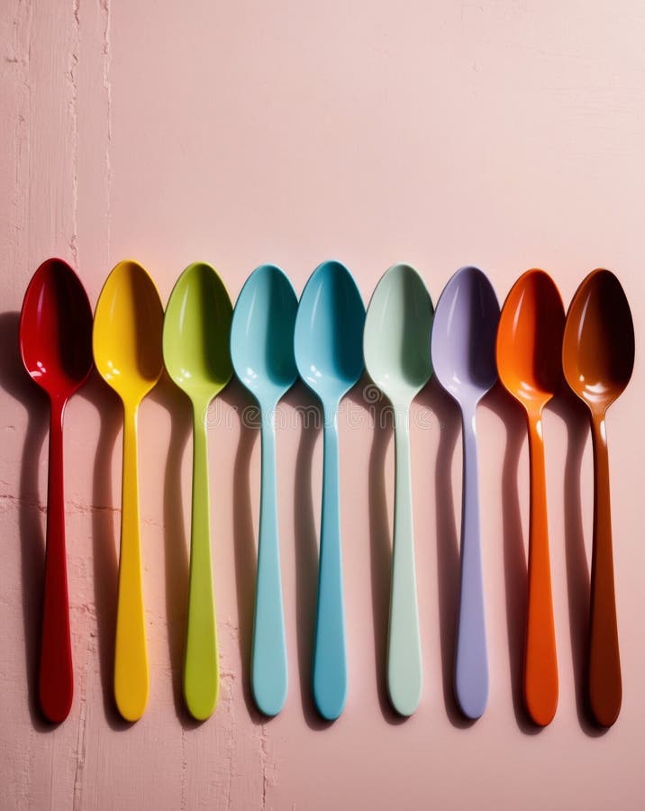 A Row of Spoons of Different Colors are Lined Up on a Pink Background ...