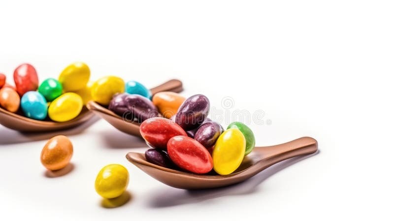 A Row of Spoons Filled with Different Colored Candies on a White ...