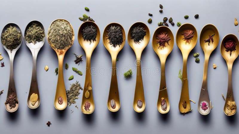 A Row of Spoons Filled with Different Types of Herbs. Stock ... A Row of Spoons Filled with Different Types of Herbs. Stock ...