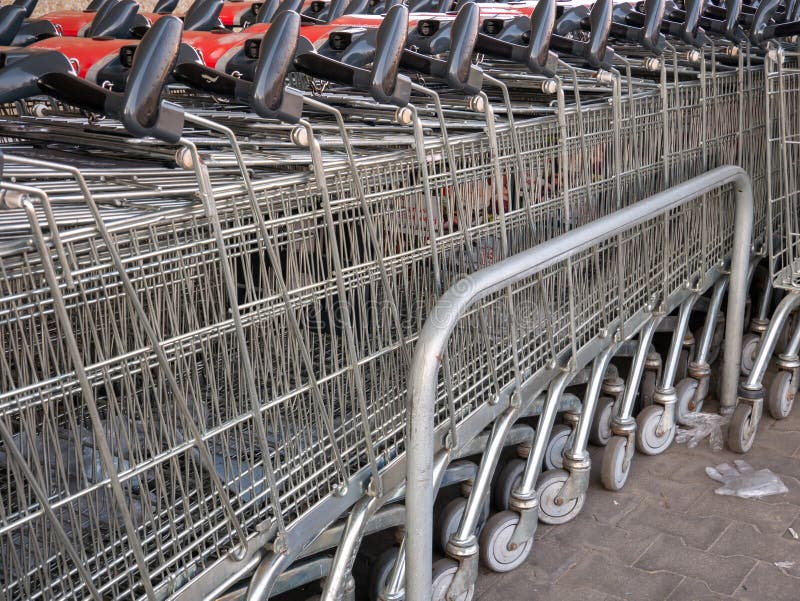 Row of Stacked Metal Shopping Trolley Carts Stock Image - Image of ...