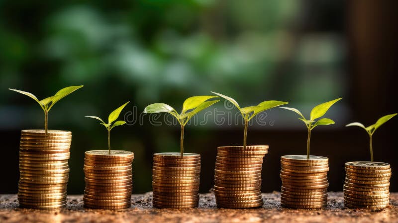 Row of Stacks of Coins with a Plant Growing. Generative AI Stock ...