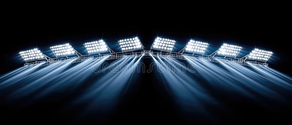 A Row of Stadium Lights on a Black Background, Casting Beams of Light ...