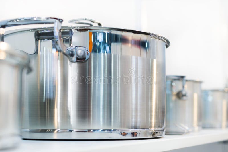 Row of Stainless Pot on a Shelf Stock Photo - Image of appliance ...