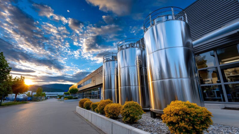A Row of Stainless Steel Tanks in Front of a Building Stock Photo ...