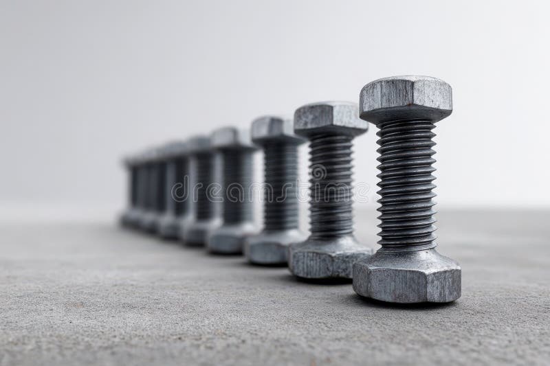 Row of Steel Bolts Arranged with Precision on a Concrete Surface in a ...