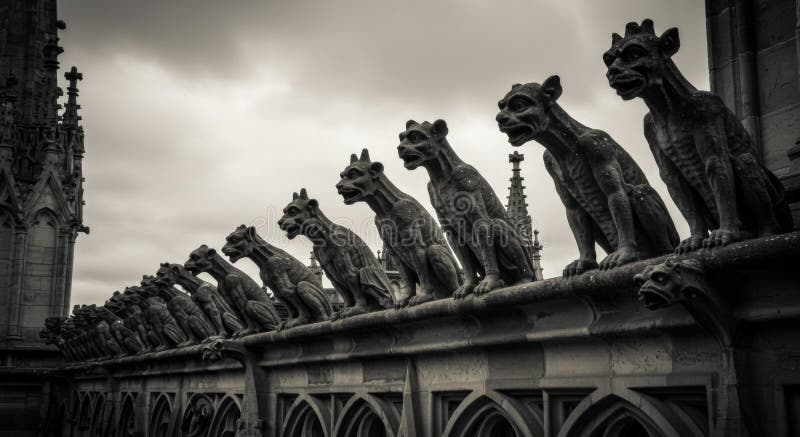 Row of Stone Gargoyles on Gothic Building Roof Stock Illustration ...