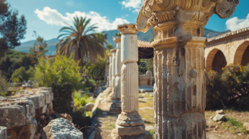 A Row of Stone Pillars with Palm Trees in the Background, Suitable for ...