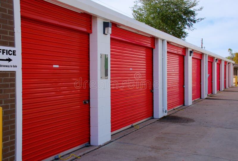 Row of Storage Garage Units with Red Doors Stock Photo - Image of rent ...