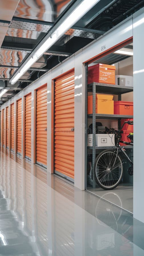 Row of Storage Units with Orange Doors, Open Unit Reveals Boxes ...