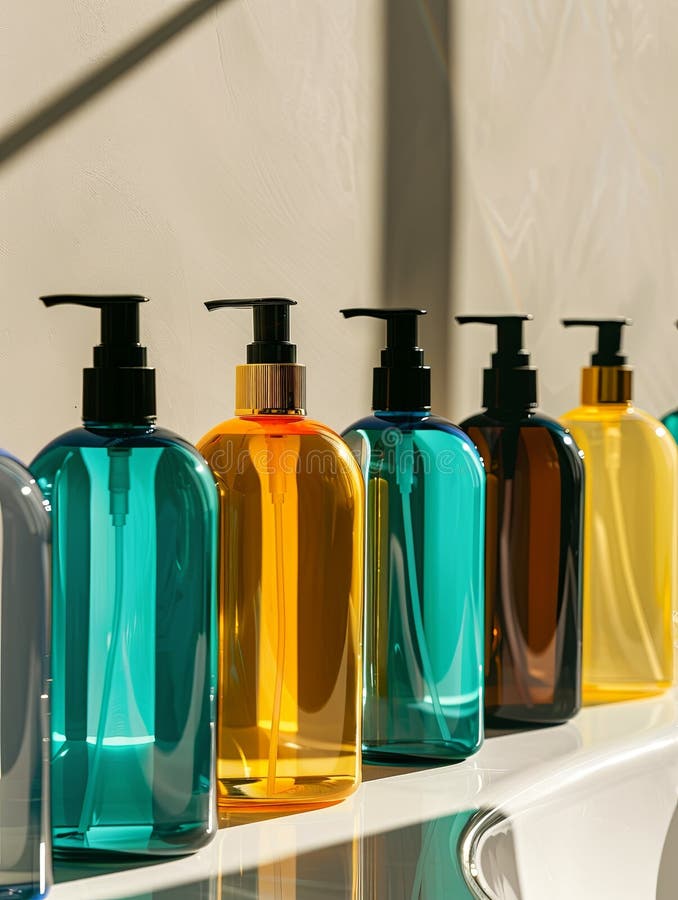 A Row of Stylishly Designed Shampoo and Conditioner Bottles in Various ...