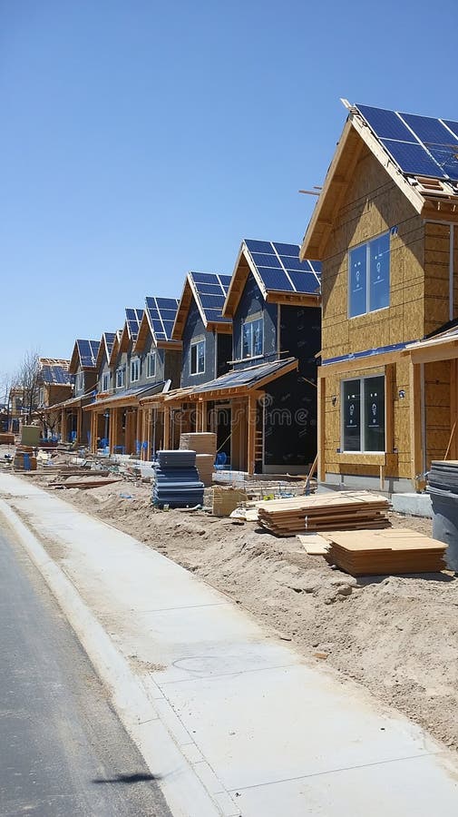 Row of Suburban Homes Under Construction with Solar Features Stock ...