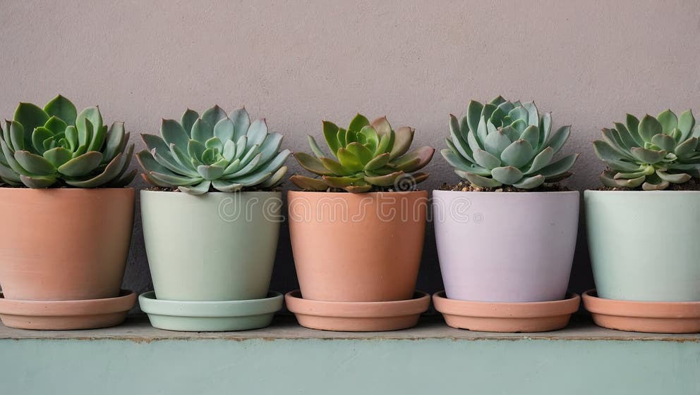 A Row of Succulents in Pastel Colored Pots Stock Illustration ...