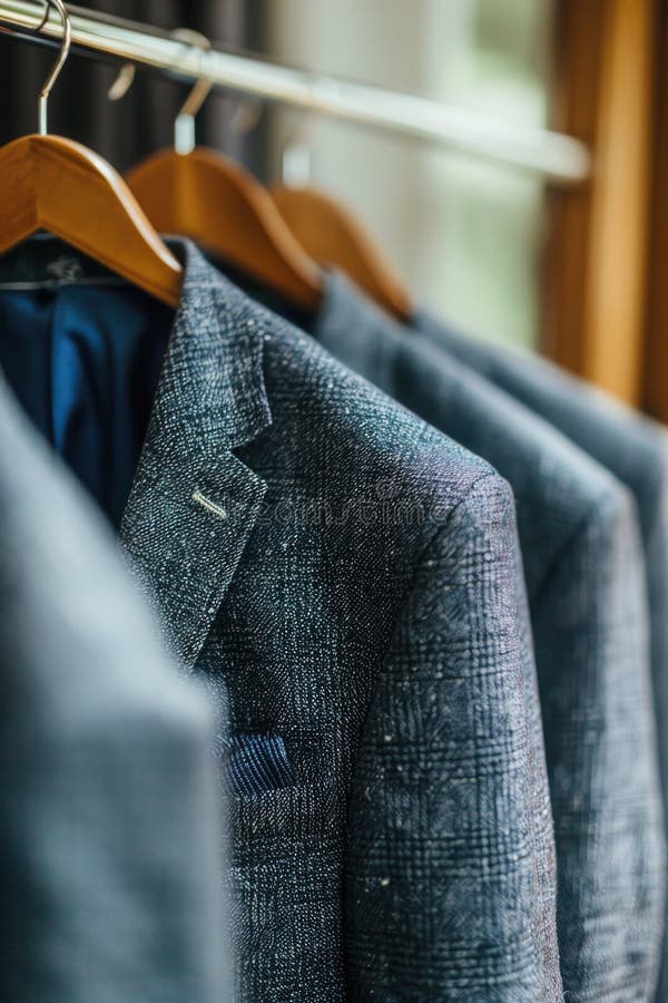 A Row of Suits Hang from a Metal Rack in a Store or Closet Stock Image ...