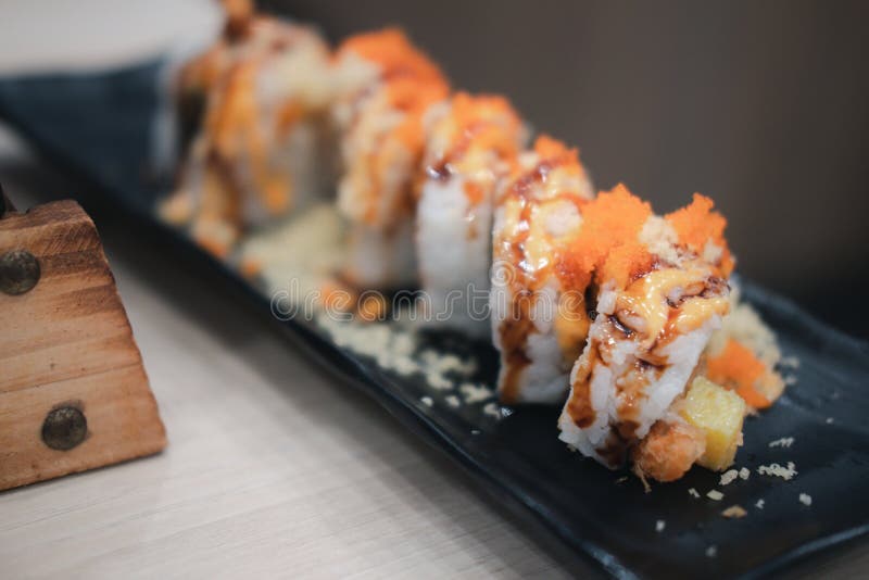 A Row of Sushi Roll in Black Tray Stock Photo - Image of healthy, copy ...