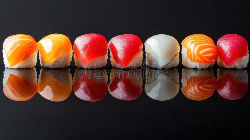 A Row of Sushi Rolls with Different Colored Fish on Them, AI Stock ...