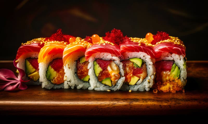 Row of Sushi Rolls with Different Toppings on Top of Them. Generative ...