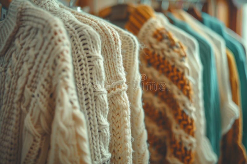Row of Sweaters Hung on a Rack for Display or Storage Stock Image ...
