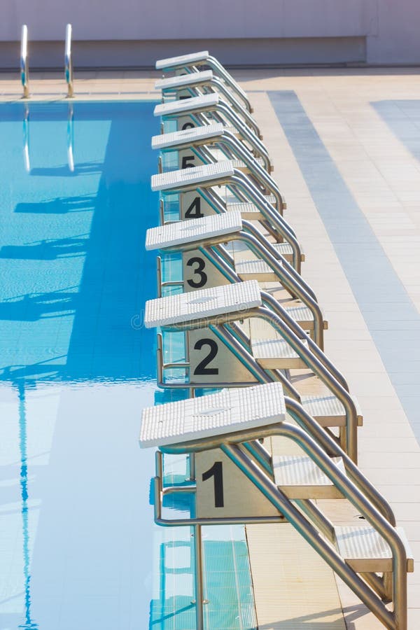 A Row of Swimming Pool Starting Blocks at the Pool Edge. Vertical Stock ...