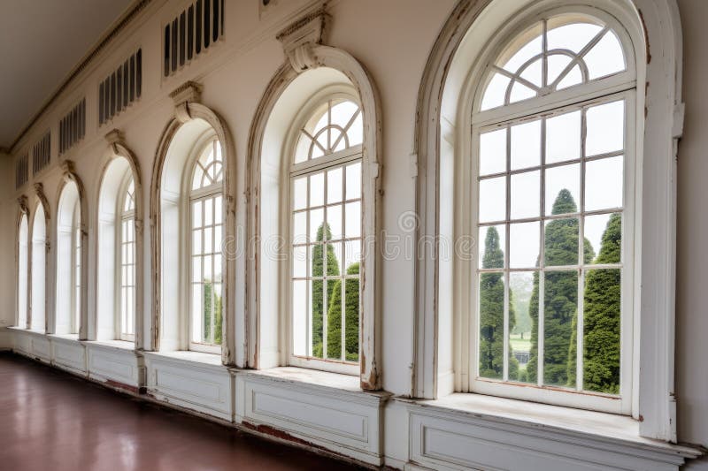 A Row of Tall, Rounded Windows in an Italianate Mansion Stock Image ...