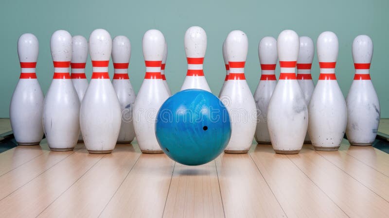 Row of Ten Bowling Pins with Colored Stripes in Bowling Alley Stock ...