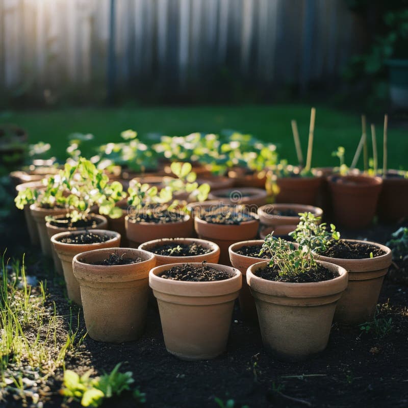 A Row of Terracotta Pots Filled with Lush Greenery in a Garden Setting ...