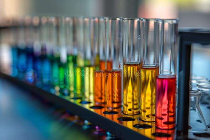 Row of Test Tubes Containing Colorful Liquids in a Laboratory Setting ...
