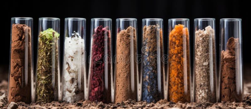 Row of Test Tubes with Diverse Soils, Displayed among Tableware and Art ...