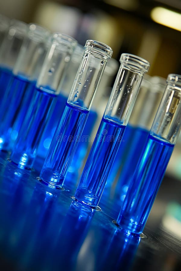 A Row of Test Tubes Filled with Blue Liquid Sitting on a Table Stock ...