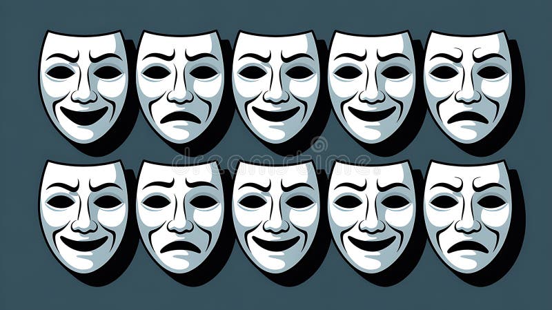 A Row of Theatrical Masks Depicting Joy and Sorrow Stock Illustration ...