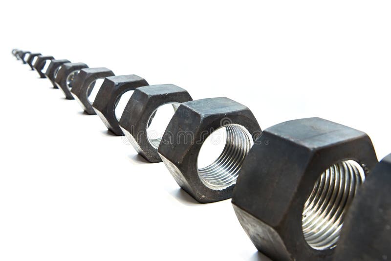 Row Metal Nuts on Isolated White Stock Image - Image of isolate ...