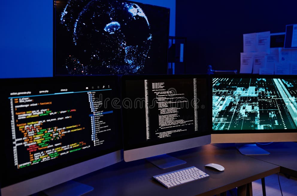 Row of Three Computer Monitors with Coded Data on Screens Stock Image - Image of programmer ...
