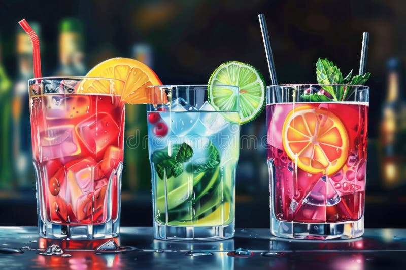 Row of Three Different Colored Cocktails on a Bar Counter. Perfect for ...