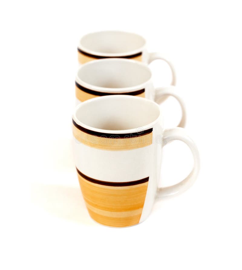Row of Three Mugs Isolated on White Stock Image - Image of domestic ...