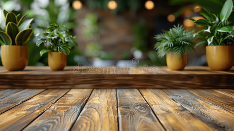 A Row of Three Potted Plants on a Wooden Table, AI Stock Illustration ...