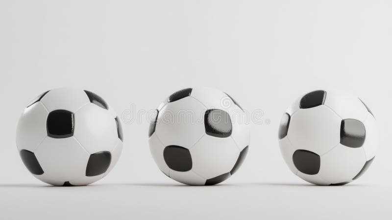 Row of Three Soccer Balls on White Background Closeup View Showcasing Details 3D Rendering Stock ...