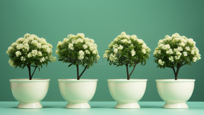 A Row of Three White Vases with Small Trees in Them. Generative AI ...