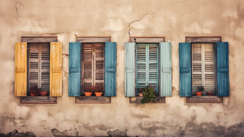 A Row of Three Windows with Colorful Shutters on a Weathered Wall Stock ...