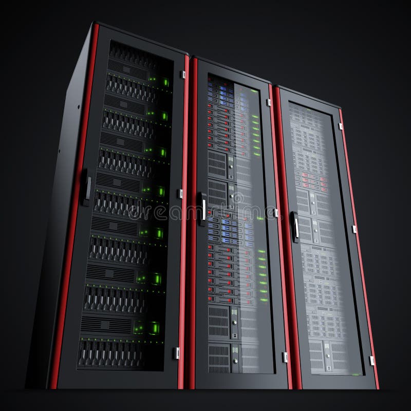 Row of Three Working Server Racks Isolated on Black Background Stock ...