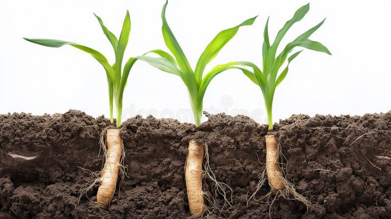 A Row of Thriving Young Corn Plants, Their Roots Deep in the Fertile ...