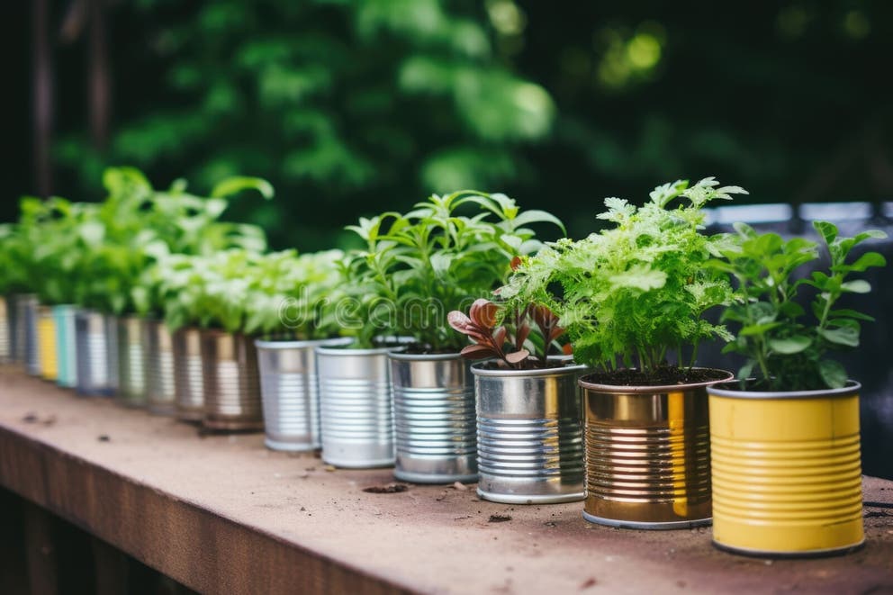 A Row of Tin Cans Repurposed As Plant Pots Stock Image - Image of ...