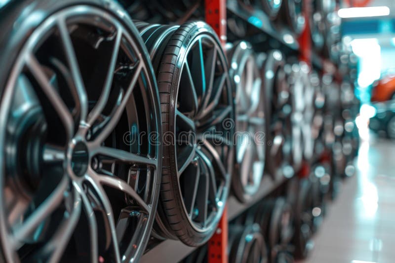 Row of Tires Displayed on a Rack, Suitable for Automotive Industry Use ...