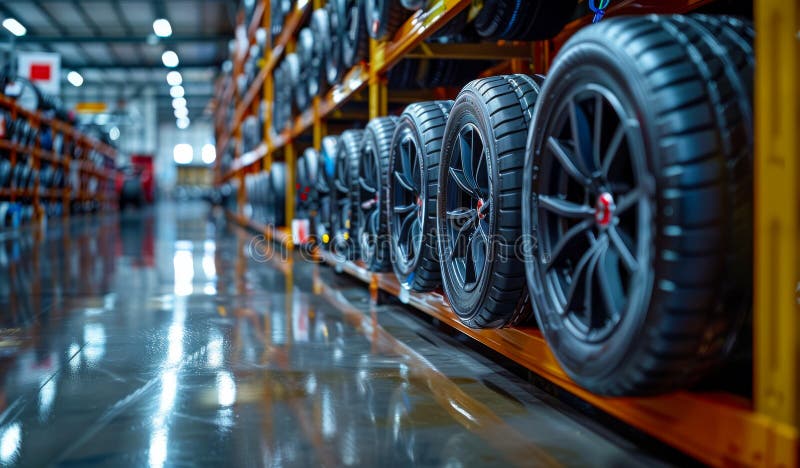 A Row of Tires are on a Rack in a Warehouse. the Tires are Black and ...