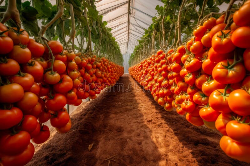 Row of Tomatoes in Greenhouse with Dirt Path between the Rows ...