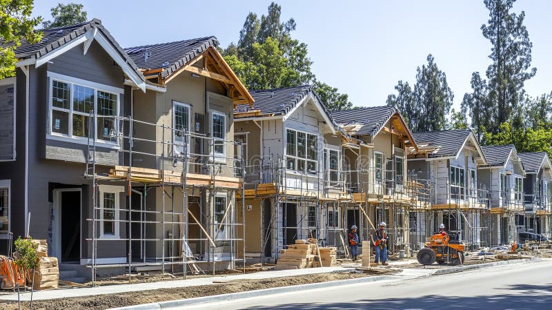 A Row of Townhouses Being Built, with Scaffolding and Construction ...
