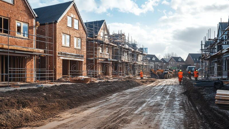 A Row of Townhouses Being Built, with Scaffolding and Construction ...