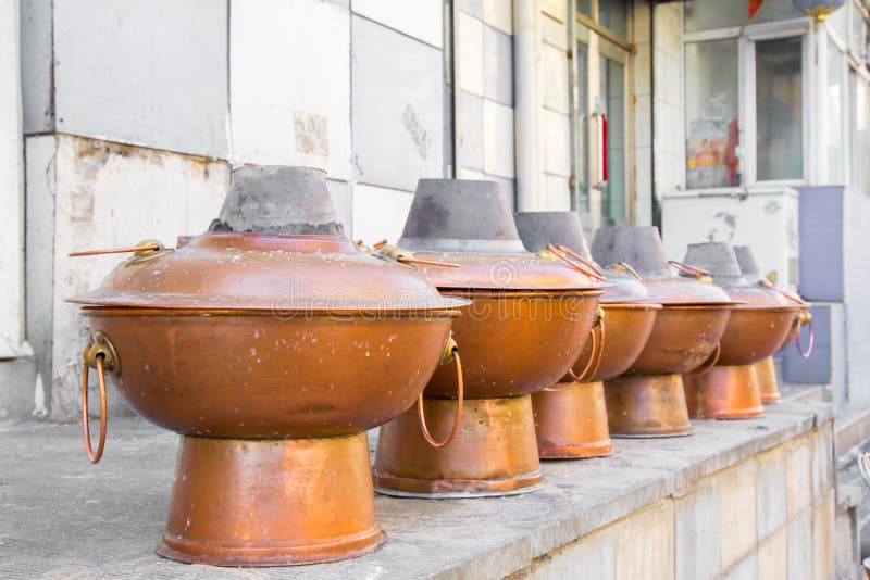 Row of Traditional Chinese Hot Pots Stock Image - Image of cold ...