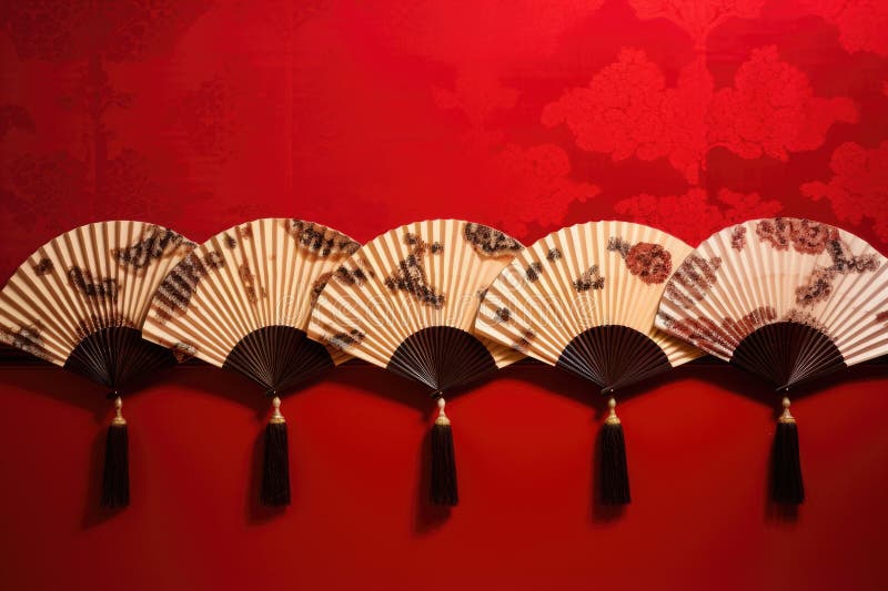 A Row of Traditional Japanese Hand Fans on a Red Backdrop Stock ...