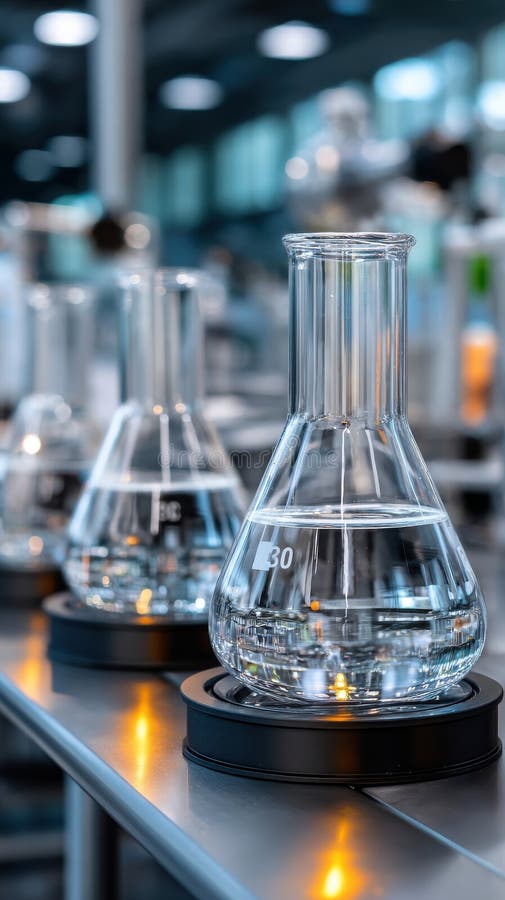 Row of Transparent Erlenmeyer Flasks Filled with Clear Liquid, Standing ...